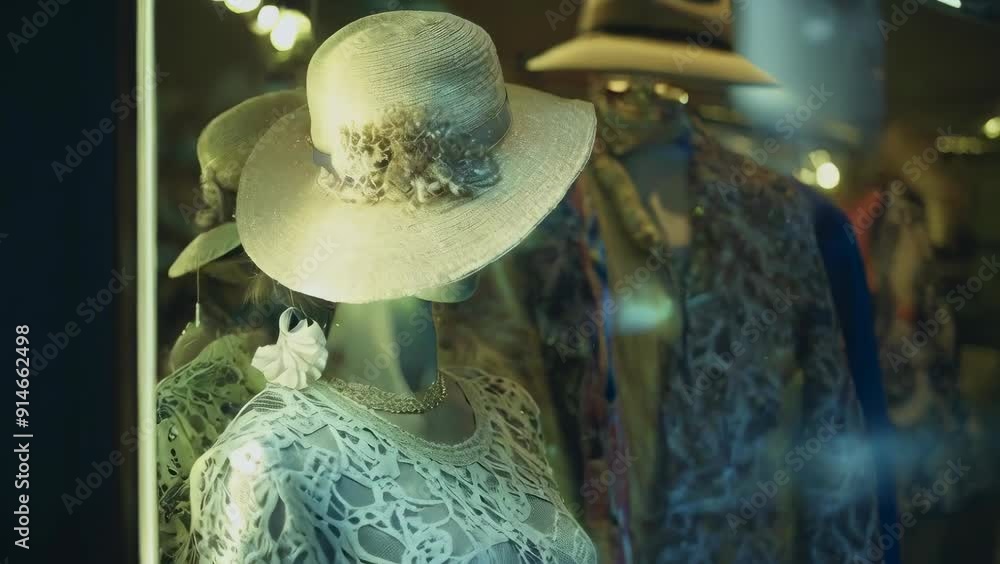 A mannequin dressed in an elegant white lace dress and matching hat is ...