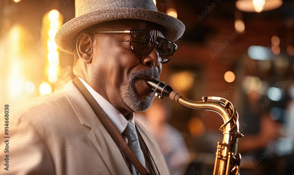 Black Musician Immersed in Jazz Melodies in a Classic Bar Space with ...