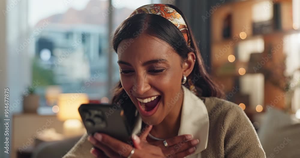 Home, excited and woman using phone on sofa for online relationship ...