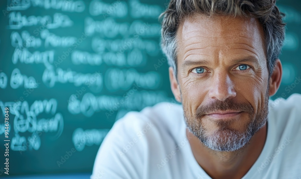 Handsome 45-Year-Old Math Teacher in a White Shirt, Sitting Behind a ...