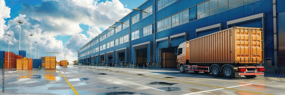Semi Trailer Trucks in the Parking Lot Loading at Dock Warehouse ...
