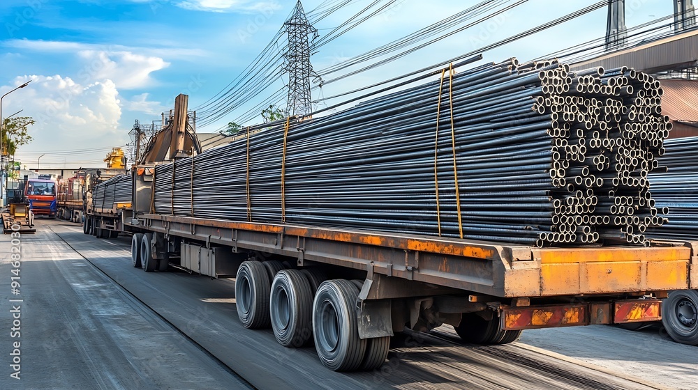 Trucks with long trailers carrying steel bars for building construction ...