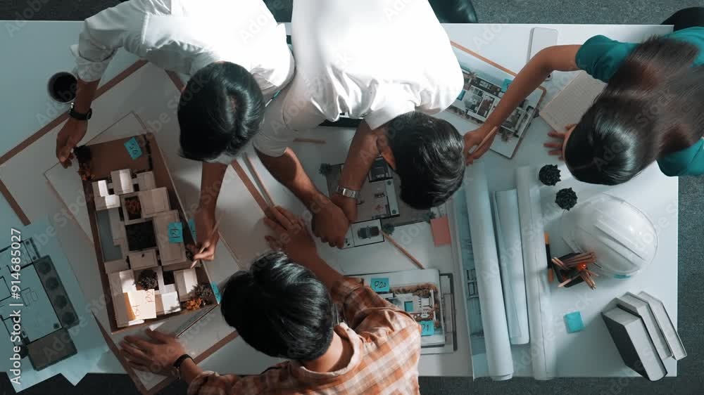 Top down view of smart architect engineer measure blueprint by using ...