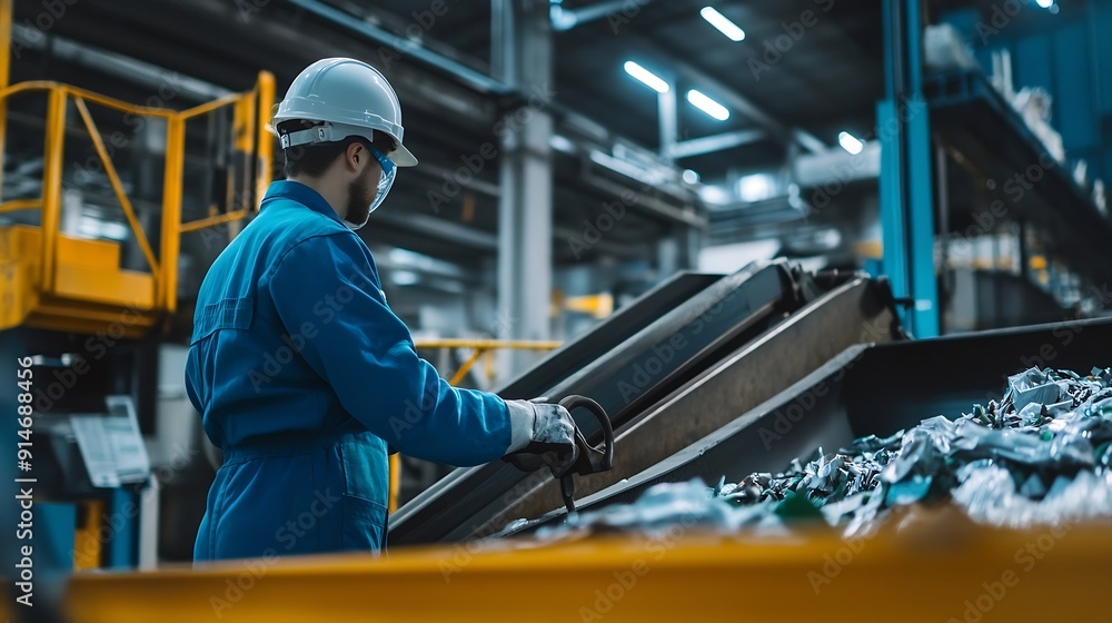 A technician wearing blue overalls and a white helmet operates ...