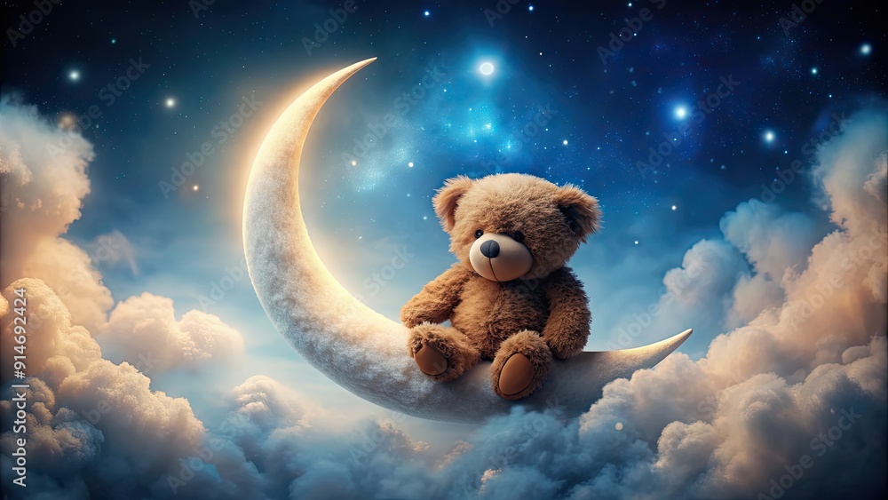 Sleeping teddy bear peacefully resting on a crescent moon in dreamland ...