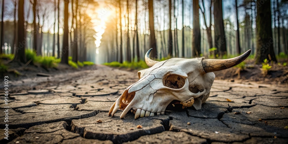 Cow skull lying on cracked ground in a polluted forest setting , animal ...