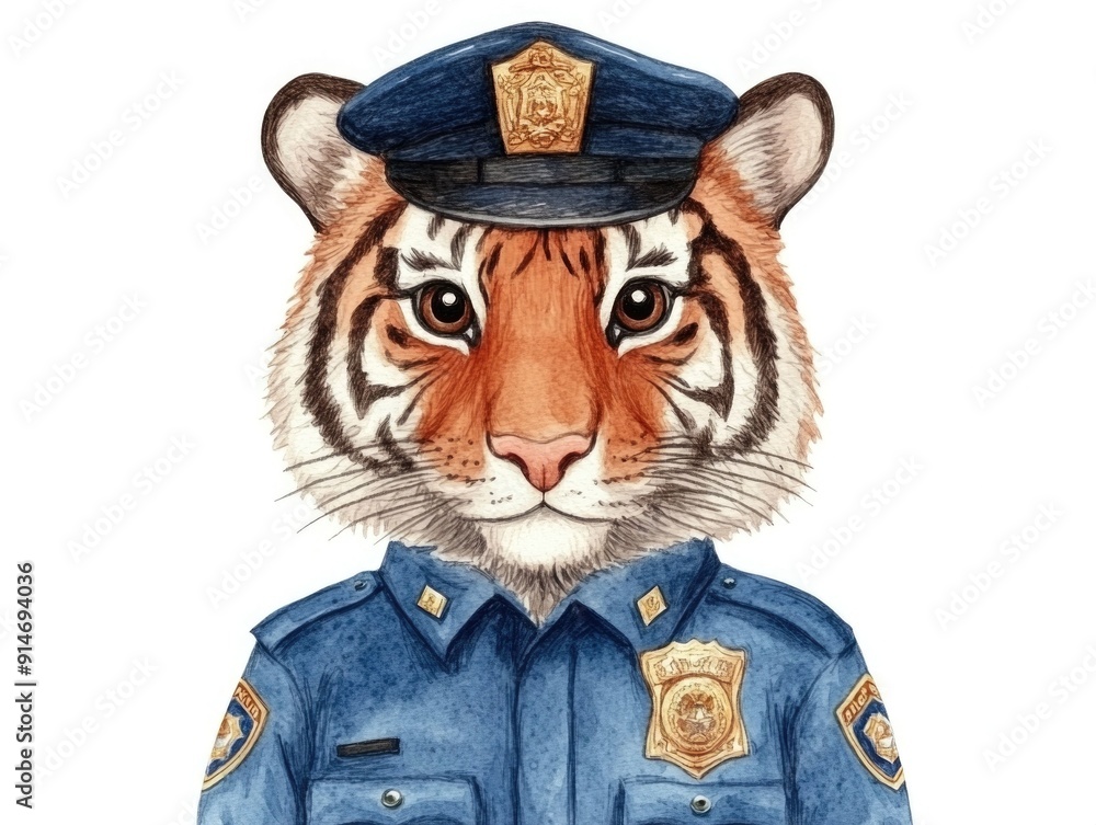 Cute Doodle Watercolor Tiger Police Officer With Badge Icon On White ...