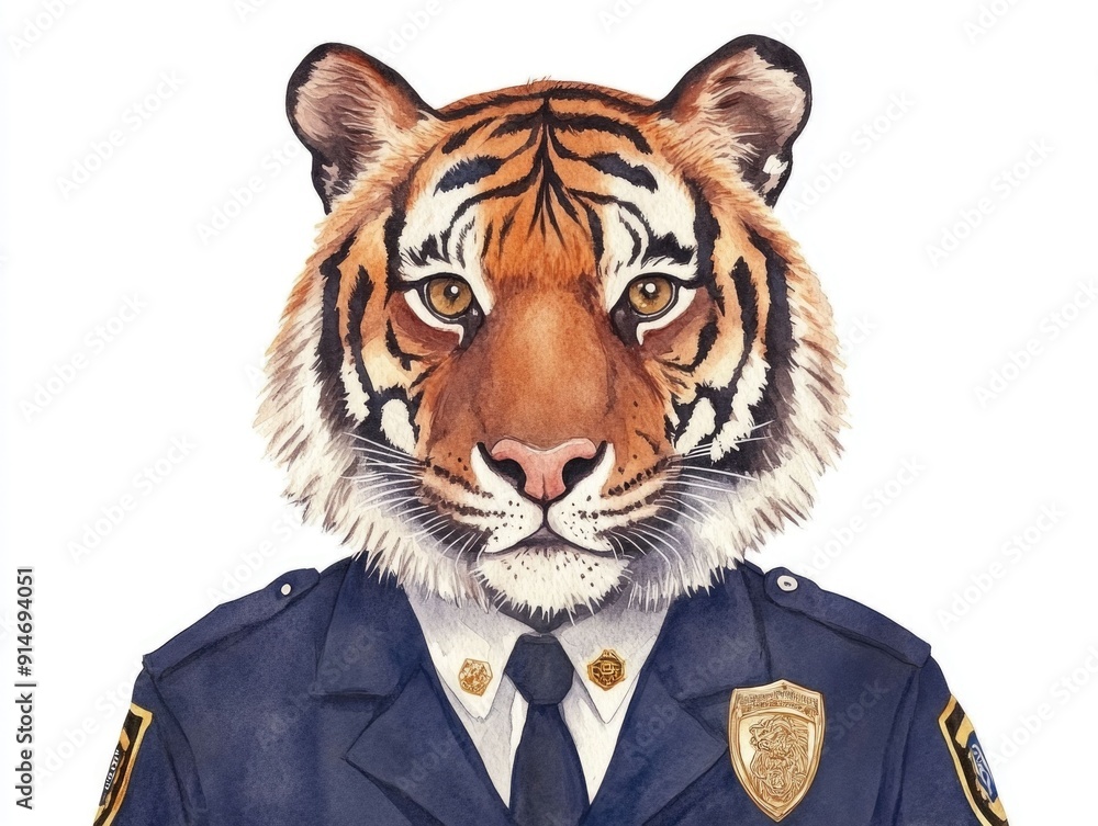 Cute and whimsical doodle of a tiger character dressed as a police ...
