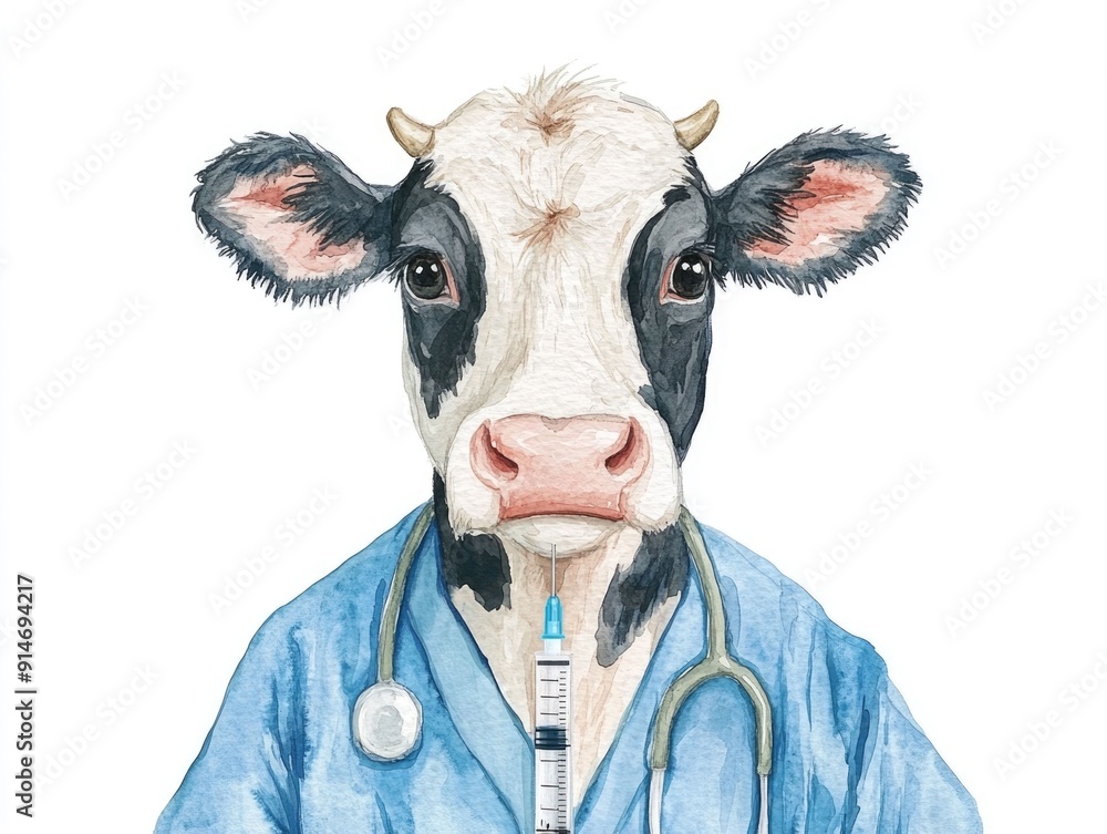 Adorable watercolor depicting a friendly cow character in nurse s ...