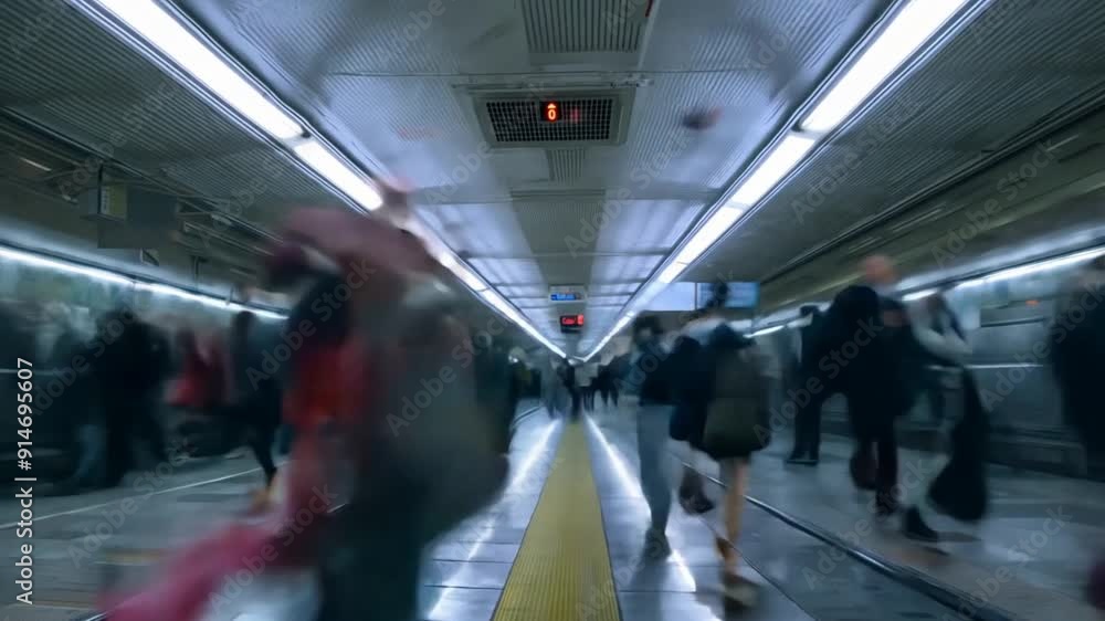 Subway platform with commuters in motion, capturing the fast-paced ...