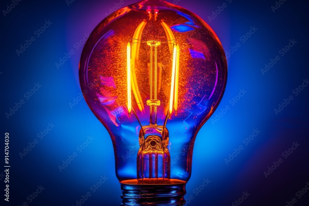 High contrast photograph of a vintage light bulb against a deep blue ...