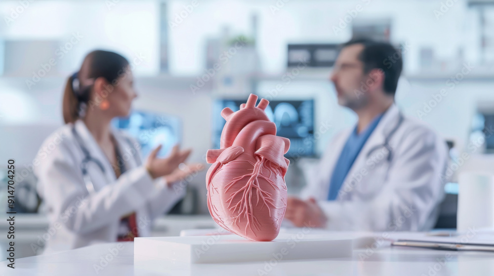 A 3D-printed model of a human heart displayed on a table in a medical ...