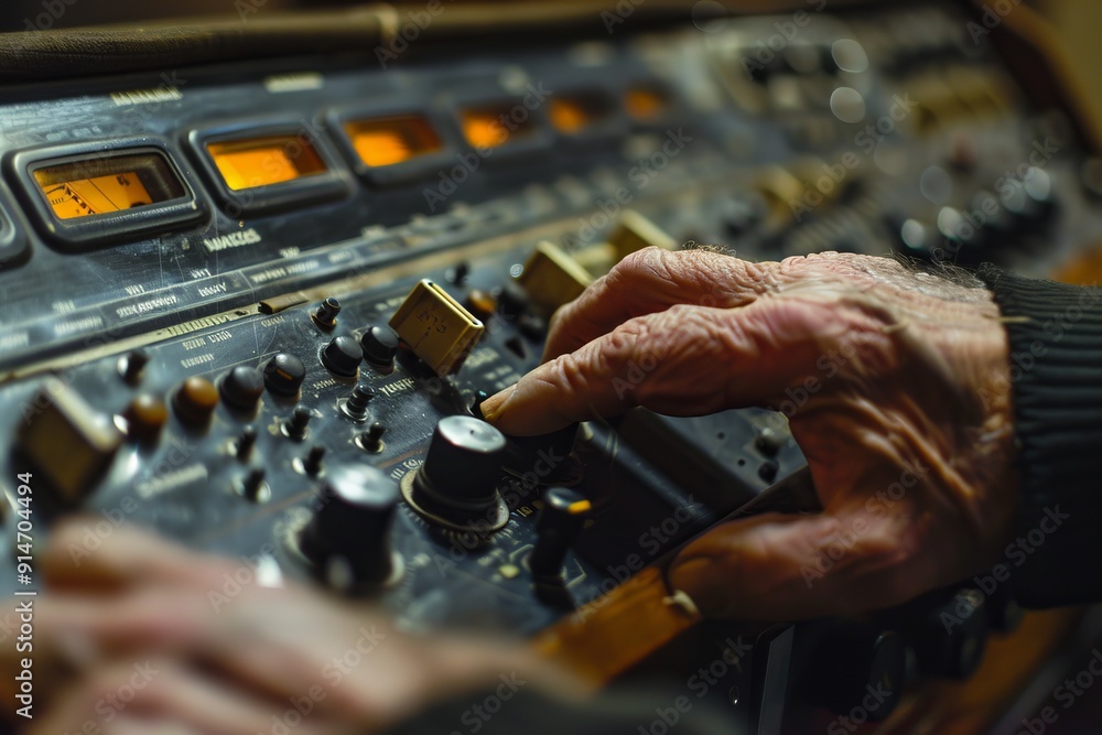 A close-up of hands adjusting the volume and tuning knobs on a radio ...