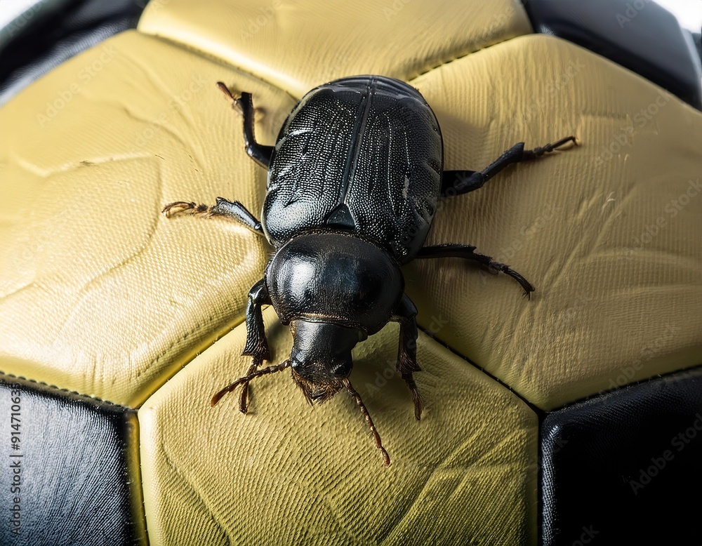 Dung beetle is standing on top of a soccer ball, showcasing the ...