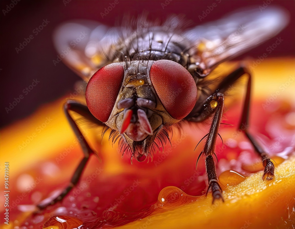 Macro photography capturing a house fly with its red compound eyes as ...