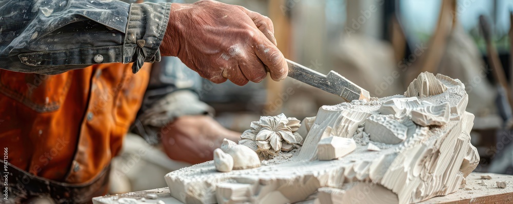 Artist chiseling a sculpture with breakthrough techniques, close up ...