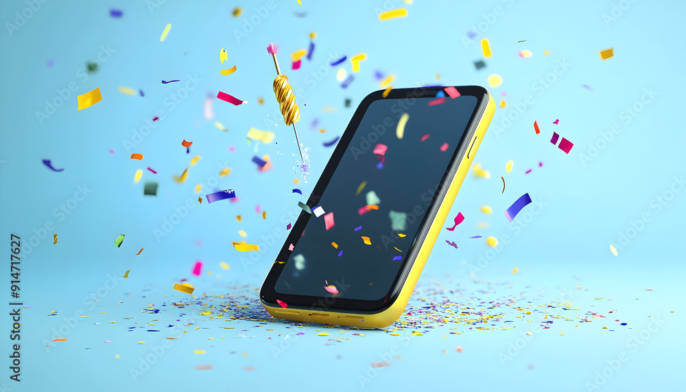 3D illustration of a mobile phone with a popper, confetti, and ...