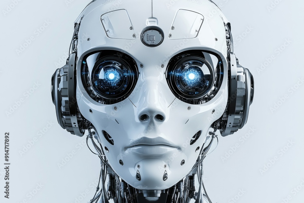 Stark white robotic face with captivating black eyes delving into the ...