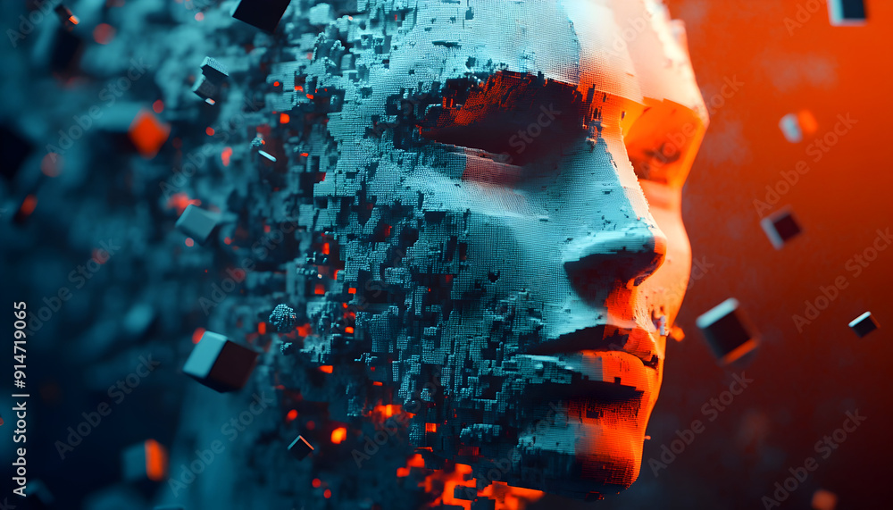 Abstract human face illustration in 3D, depicting a head constructed ...