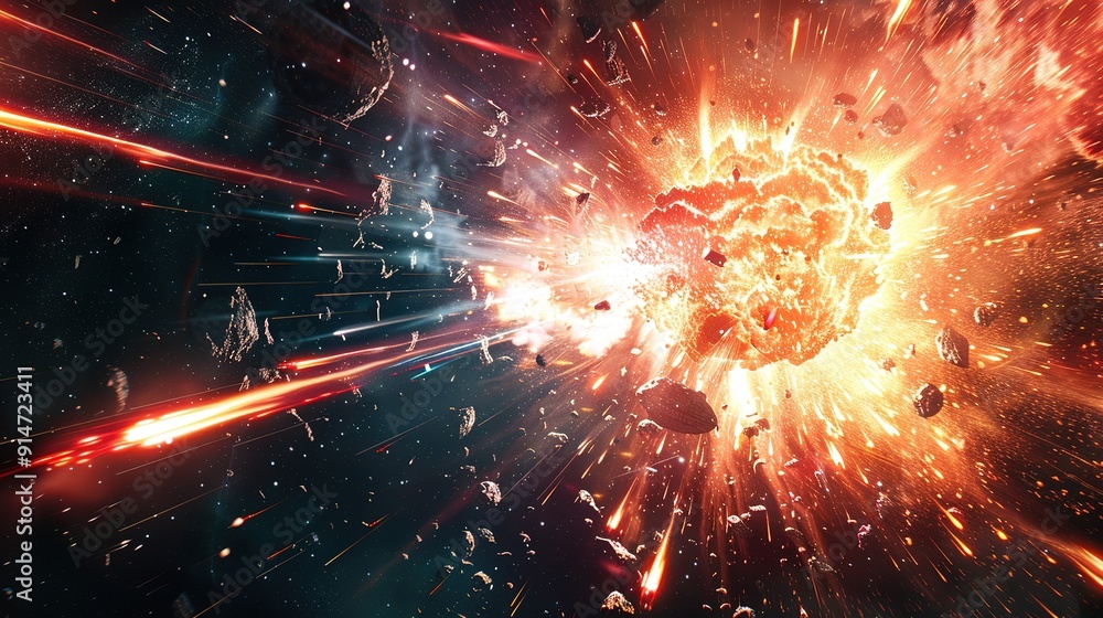 Space battle of spaceships and battle cruisers, laser shots sparks and ...