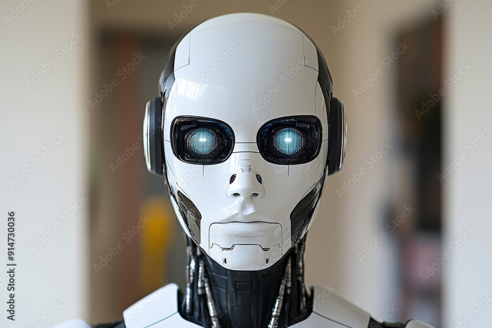 Human like AI robot with a sleek white design and deep emotionless eyes symbolizing advanced ...