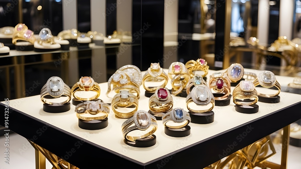 black and white pots, Gold jewelry diamond rings show in luxury retail ...