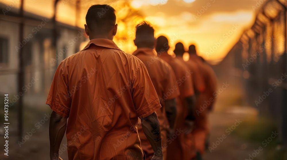 Jail lifestyle with inmates working in the prison yard, showcasing ...