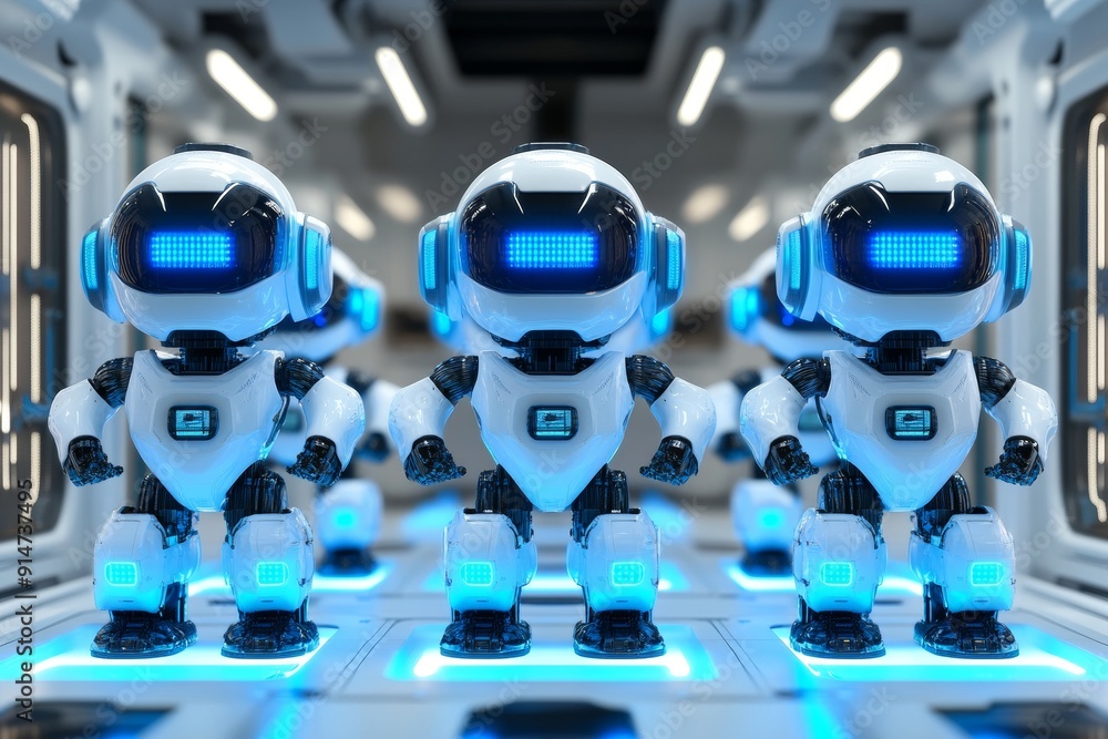 Futuristic robots lined up in a high tech laboratory setting ...