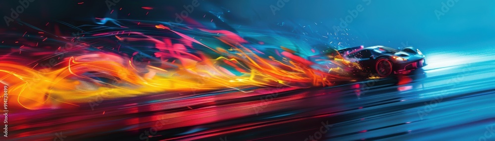Abstract speed concept art with a sports car leaving a trail of fire ...