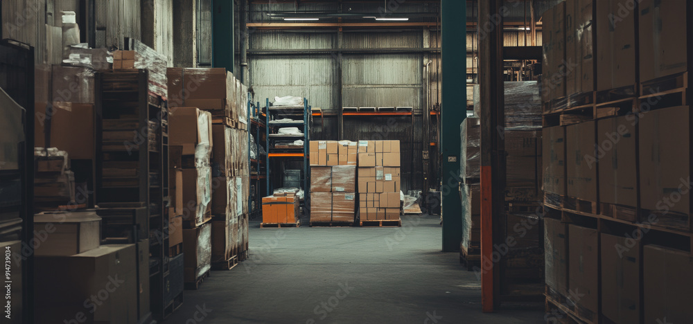 Inside An Industrial Warehouse During Evening Hours With Stacked Boxes ...
