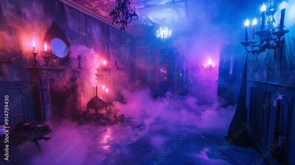 Design a haunted house party setting, with spooky props, fog machines ...