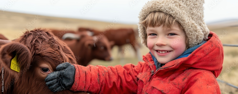 Happy Farm Boy Petting a Gentle Cow, Country Life, Rural Idyll, Cattle ...
