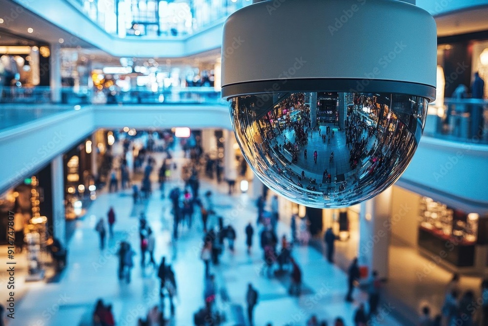 CCTV camera in a busy shopping mall, diverse crowd, modern architecture ...