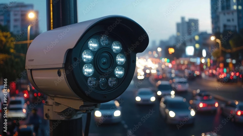 CCTV camera on a pole at a busy intersection, city traffic, daytonight ...