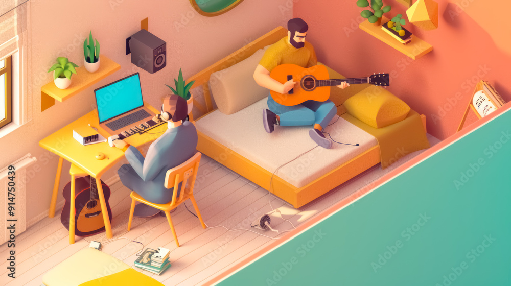 Artistic 3D claymation scene showing a man engaged in music creation ...