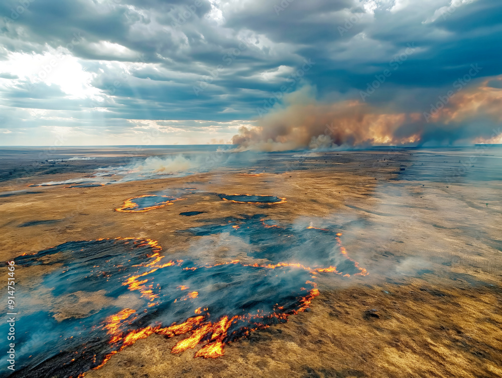 A large fire is burning in the distance, with smoke and flames visible ...