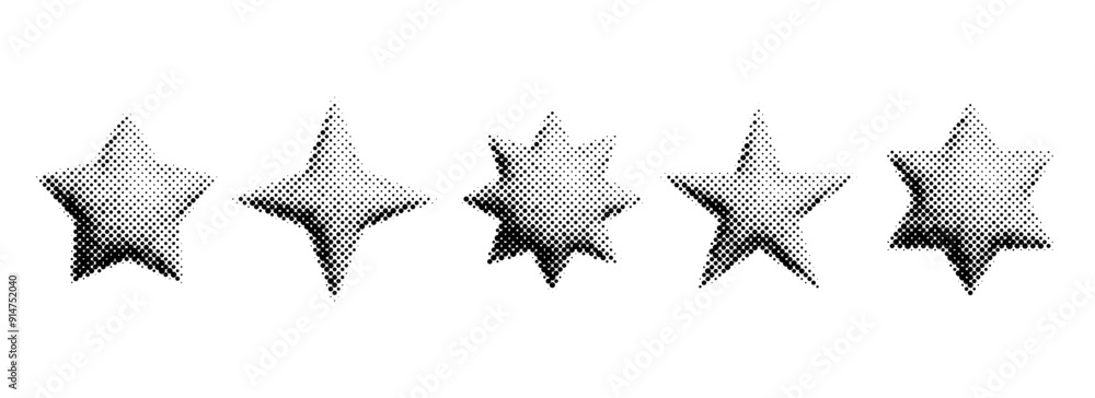 Halftone grain star set. Dotted 3d star shape collection. Y2K bitmap ...