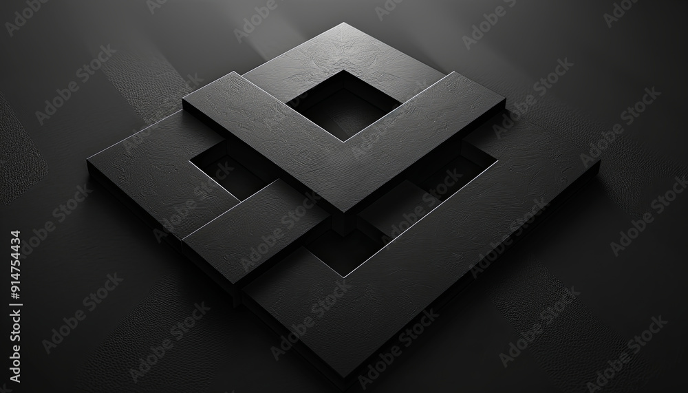 black geometric shapes with textured surfaces, creating a visually ...