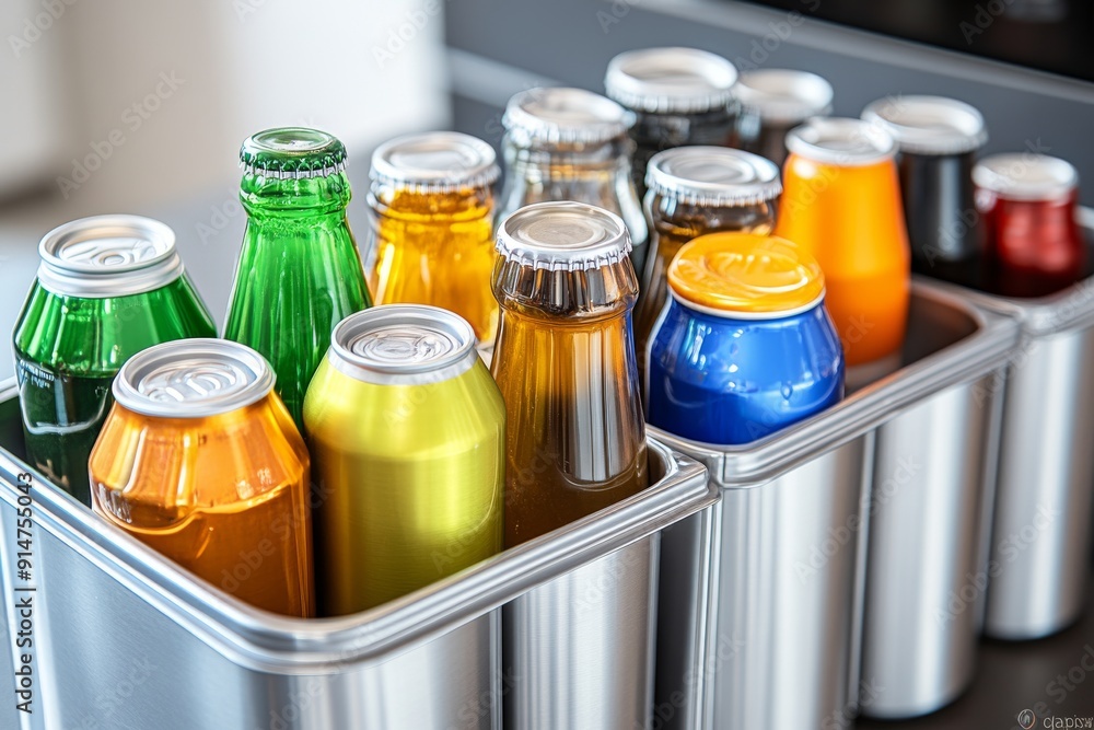 Recycling station with various colored aluminum cans symbolizing ...
