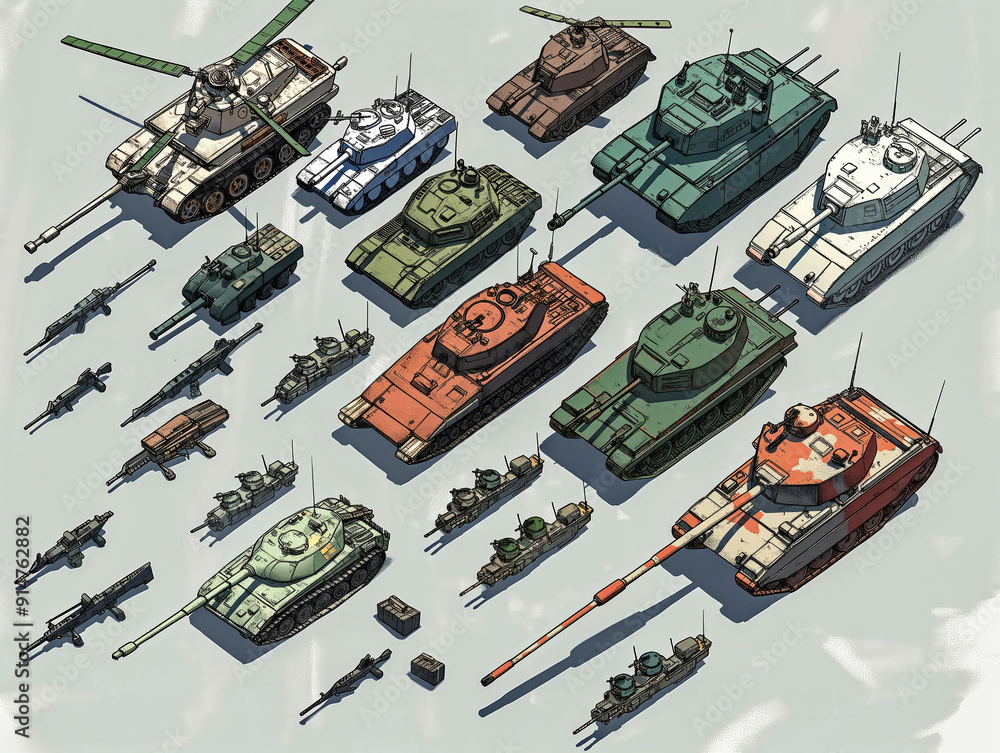 A collection of tanks of various sizes and colors. The tanks are ...