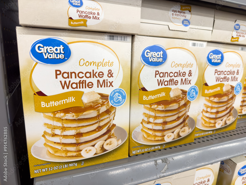 Great Value brand of Complete Pancake & Waffle Mix on store shelf of ...
