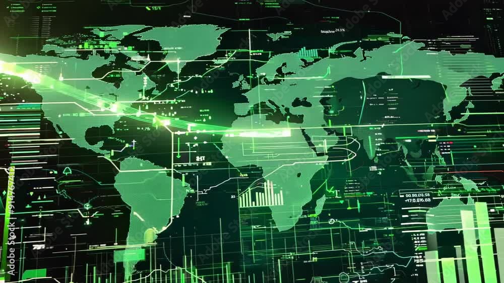 Wide shot: Luminous green data streams traverse a holographic world map. Camera pans across the ...