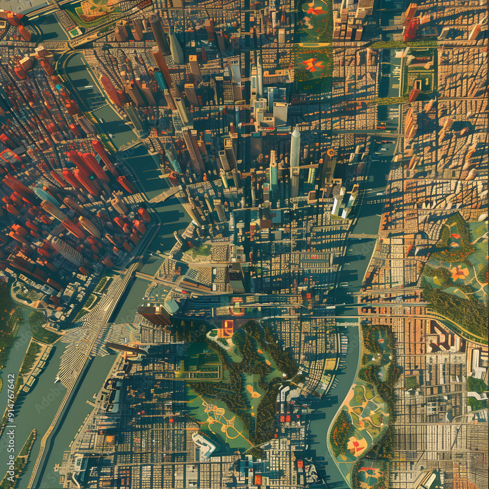 Detailed Top-Down Projection Map of a Vibrant City Including Roads ...