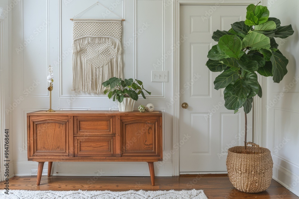 Lobby door with macrame hanging, fiddle leaf fig plant, wooden ...