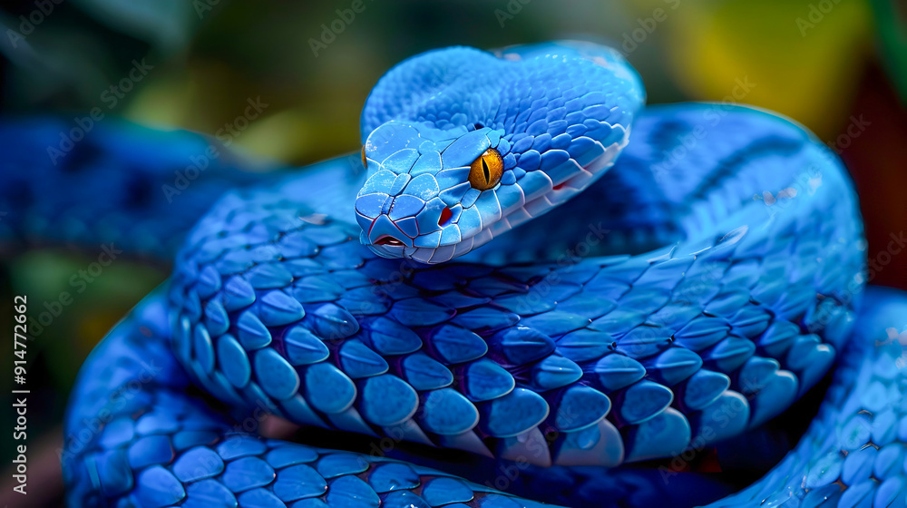 Captivating close up of a vibrant blue viper snake coiled and poised in ...