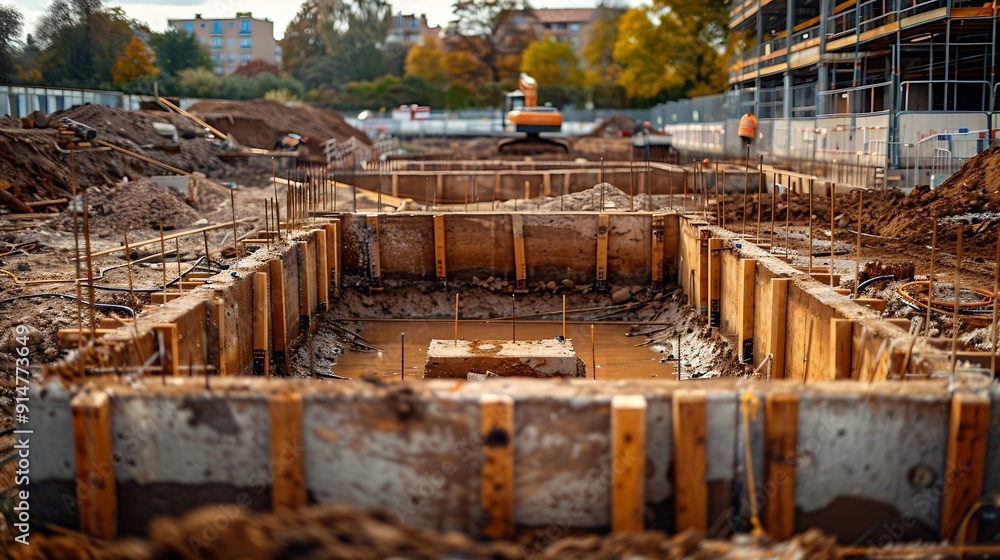 Construction site with concrete foundation and drainage system being ...