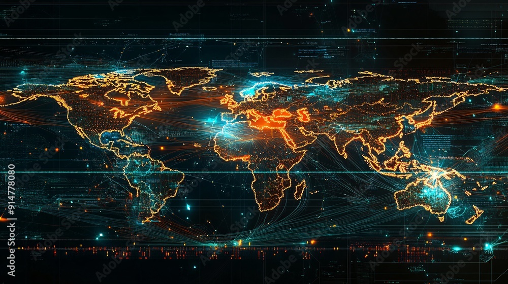 A detailed and visually striking global technology network map, showing ...