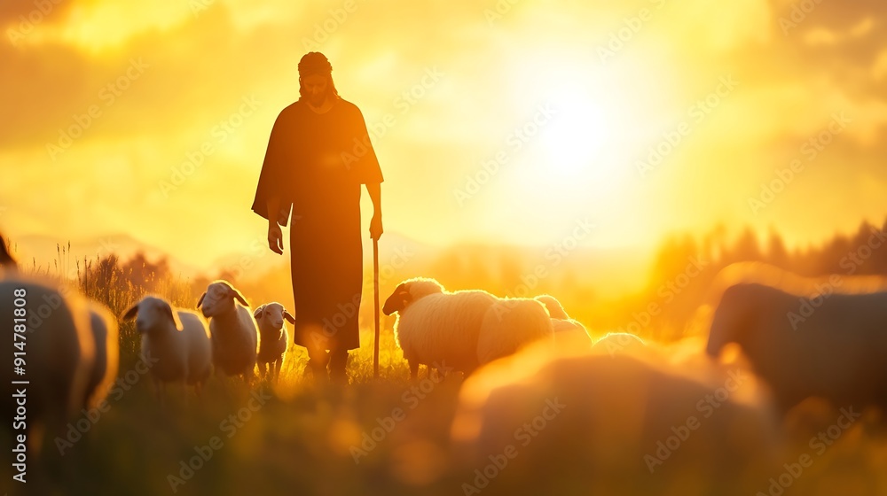 Shepherd Jesus Christ leading the sheep and praying to God and in the ...