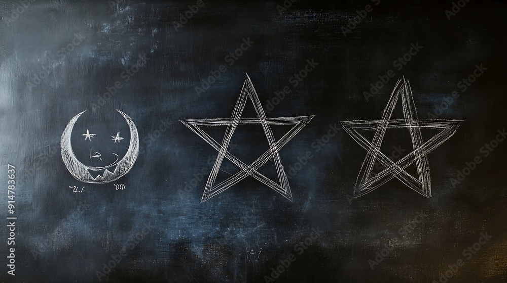 Blackboard with the symbols of the three Abrahamic religions the Jewish ...