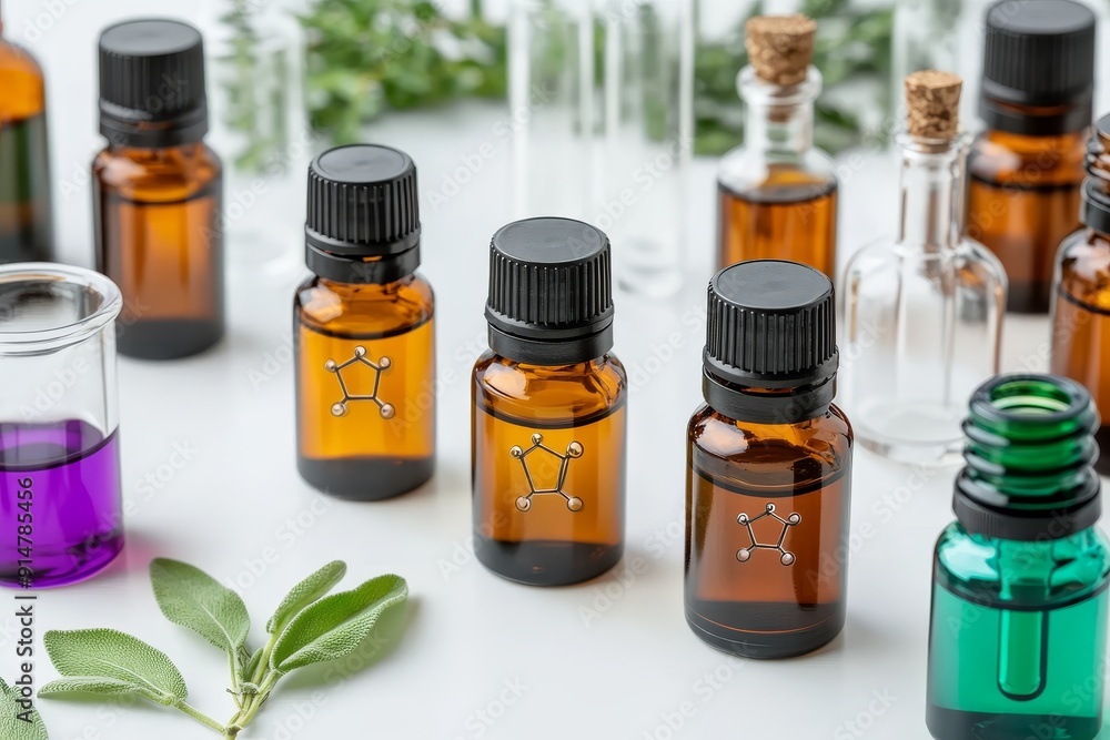 Colorful array of essential oil bottles with terpenes molecular ...